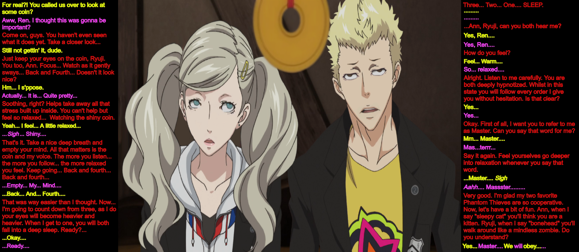 HypnoHub - ann takamaki blonde hair blue eyes brown eyes caption clothed coin crossed eyes dazed ...